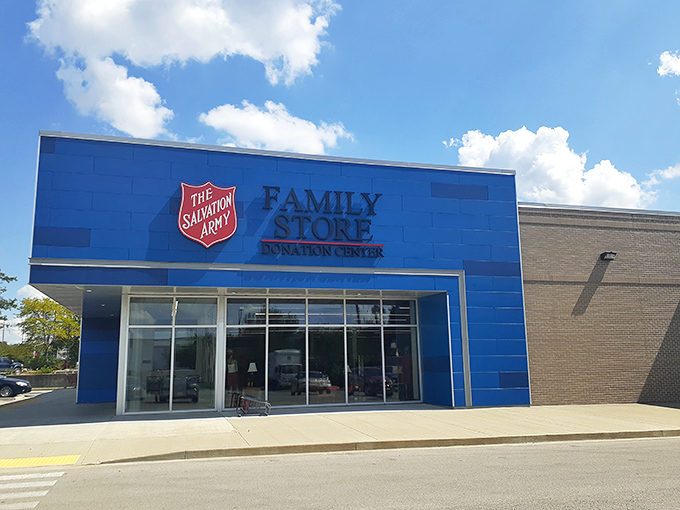 The bright blue facade of the Salvation Army Family Store stands out like a beacon of budget fashion hope in Lexington's retail landscape.
