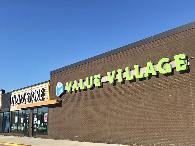 The lime-green beacon of bargain hunters everywhere, Arc's Value Village stands proud against the Minnesota sky, promising treasures within.