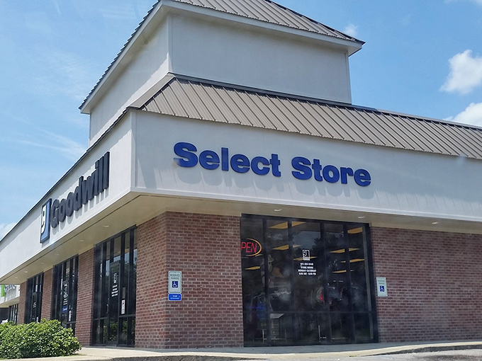 The familiar blue Goodwill logo beckons like a lighthouse for bargain hunters. Behind these brick walls, treasures await discovery.