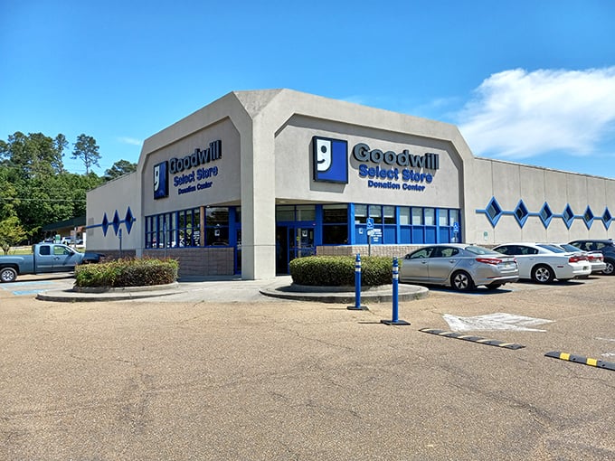 The blue and white facade of Goodwill Select Store stands like a beacon of bargain possibilities under Mississippi's vast sky.