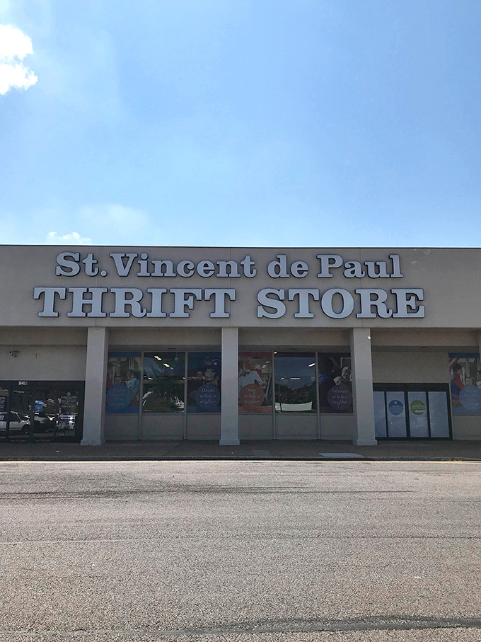 The unassuming facade of St. Vincent de Paul Thrift Store - where treasure hunting begins beneath those big block letters promising adventure.