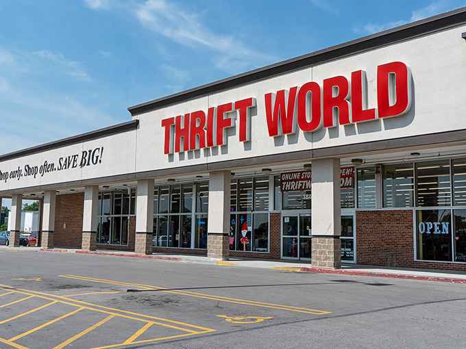 The bold red letters of Thrift World beckon like a siren song to bargain hunters. Treasure awaits behind those glass doors!