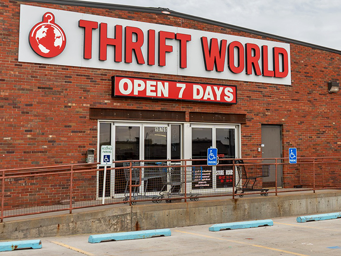 The iconic red Thrift World sign beckons bargain hunters like a lighthouse for the frugally fabulous. Open seven days for your treasure-hunting convenience!