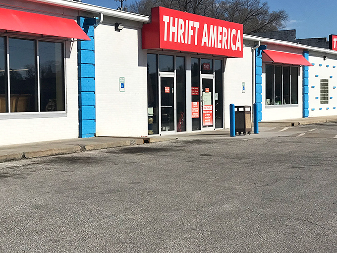 The patriotic red, white, and blue exterior of Thrift America stands like a beacon of bargain-hunting hope on Omaha's landscape.