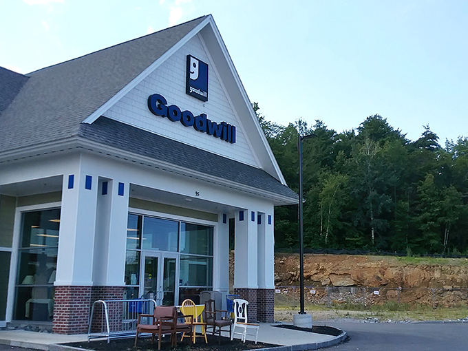 The classic New England architecture of Belmont's Goodwill welcomes treasure hunters with its pristine white siding and iconic blue lettering.
