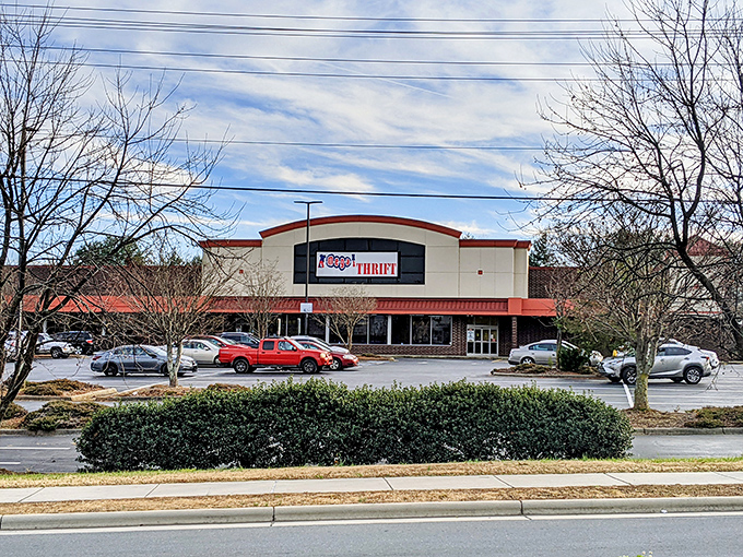 From this vantage point, Mega Thrift stands proud against Carolina's blue skies, a temple of secondhand splendor waiting for pilgrims of the perfect find.