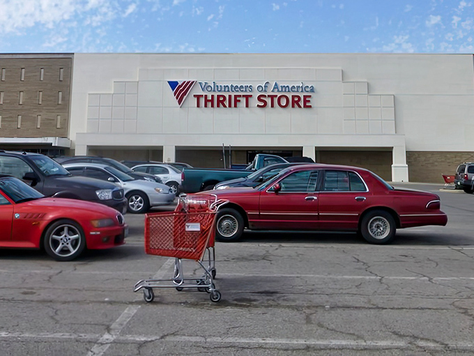 The iconic red and blue signage beckons bargain hunters like a retail lighthouse in Mansfield's shopping landscape.