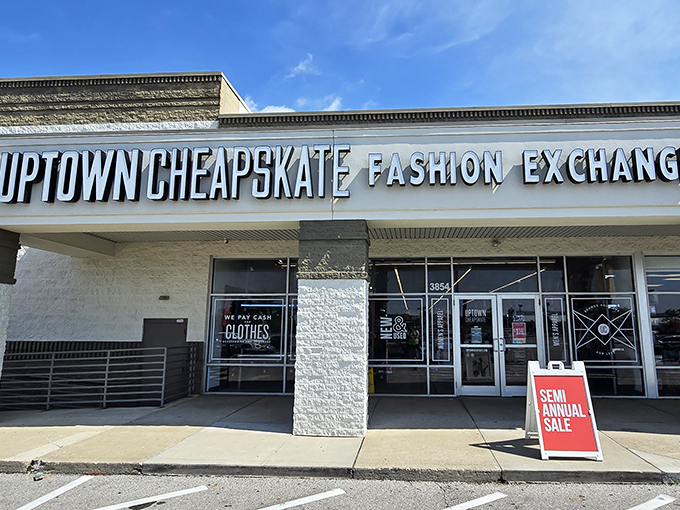 The storefront promises fashion treasures without the financial guilt. Uptown Cheapskate's bright exterior is like a beacon for budget-conscious style hunters.