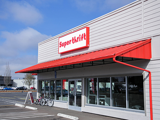 SuperThrift's iconic red-and-white exterior stands out against Oregon's blue skies like a beacon for bargain hunters seeking treasure.