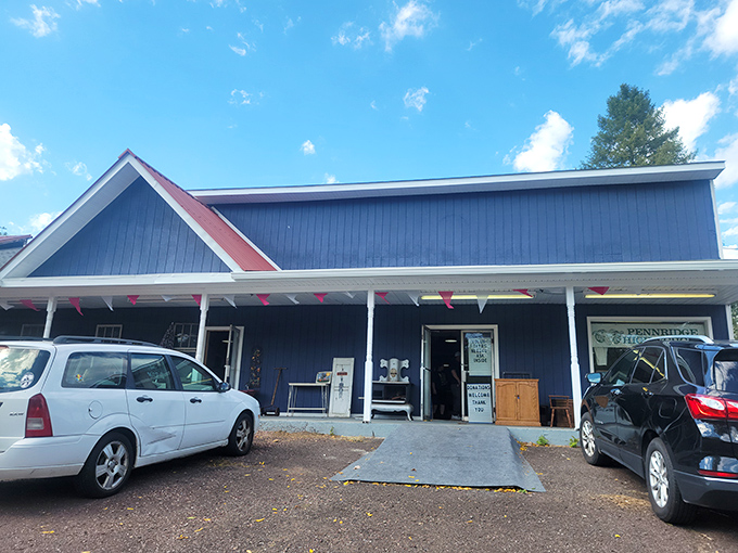 A classic small-town thrift store facade that promises more than meets the eye&mdash;complete with the universal language of "Donations Welcome."