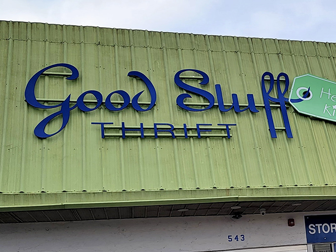 The unmistakable green exterior of Good Stuff Thrift beckons bargain hunters like a beacon of budget-friendly hope in Fairless Hills.