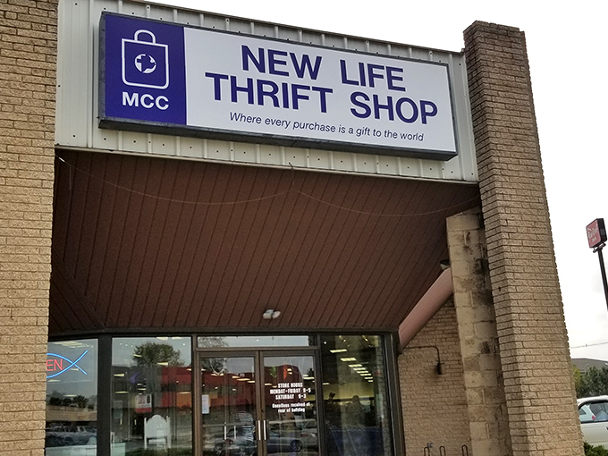 Like a beacon for bargain hunters, the New Life Thrift Shop's entrance stands ready to welcome treasure seekers of all budget levels.