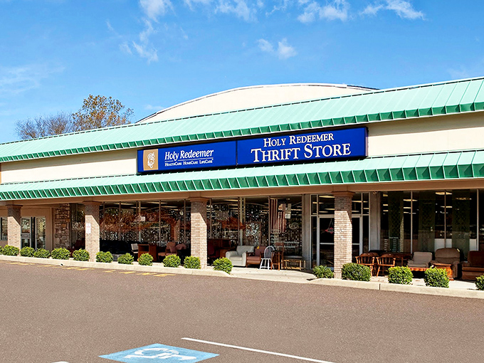 The mint-green roof and bold blue signage of Holy Redeemer Thrift Store beckons bargain hunters like a retail lighthouse in Warminster's sea of ordinary shopping.