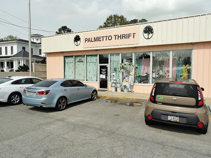 The unassuming pink facade of Palmetto Thrift belies the wonderland of bargains within. Like a budget-friendly Narnia, this Columbia treasure awaits exploration.