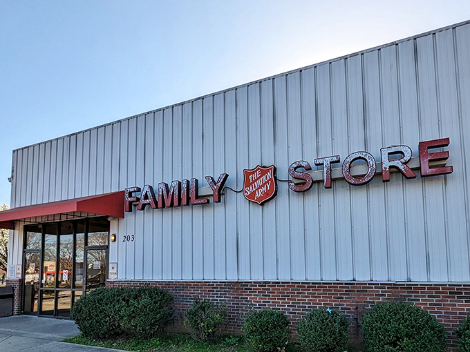 The unassuming exterior hides a universe of possibilities within. Like a treasure chest disguised as a simple building, this thrift store beckons to bargain hunters.