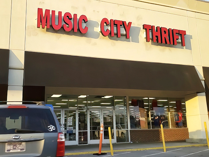 The bold red letters of Music City Thrift beckon like a siren song to bargain hunters. Nashville's treasure trove awaits behind those glass doors.