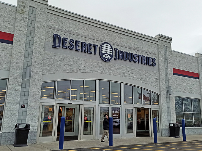 The gleaming white exterior of Deseret Industries stands like a temple to thrift, beckoning bargain hunters with promises of hidden treasures within.