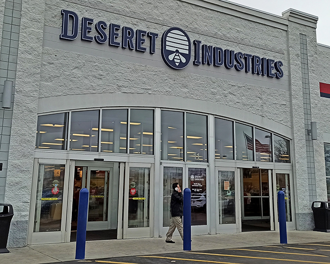 The iconic facade with bold blue lettering promises treasure hunting adventures within. Utah's ultimate thrift store cathedral awaits!