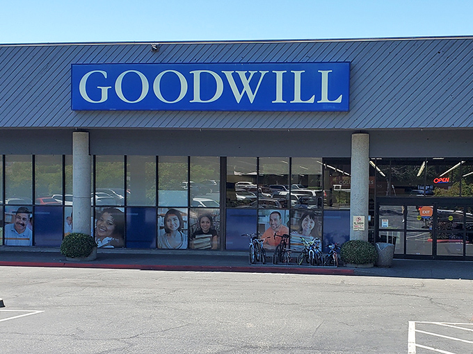 The blue beacon of bargain hunters everywhere, Renton Goodwill's storefront promises treasure hunting adventures that won't break the bank.