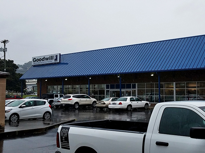 The iconic blue roof of Charleston's Goodwill beckons like a beacon on a rainy day, promising treasures within that won't drain your wallet.