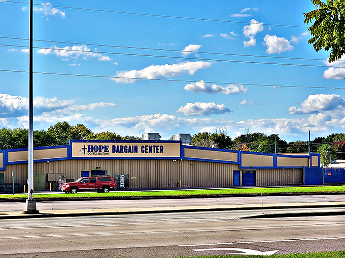 Under brilliant blue Wisconsin skies, the Hope Bargain Center stands like a blue-trimmed beacon for bargain hunters across the Midwest.