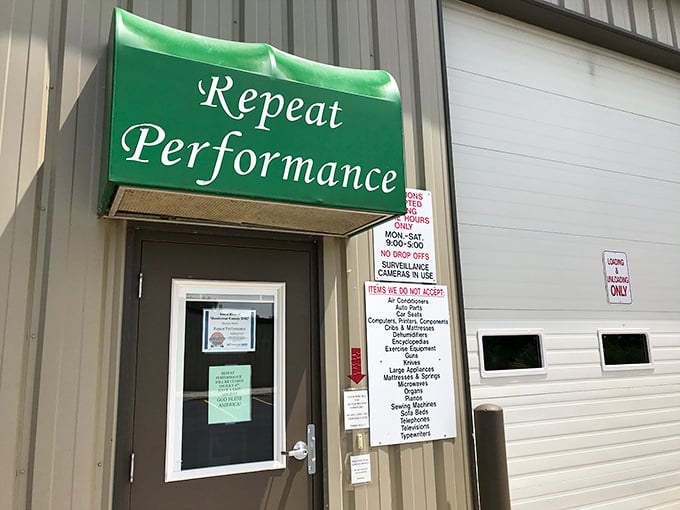 The iconic green awning of Repeat Performance beckons like a beacon of bargain-hunting bliss in Manitowoc. Your wallet's new best friend awaits.