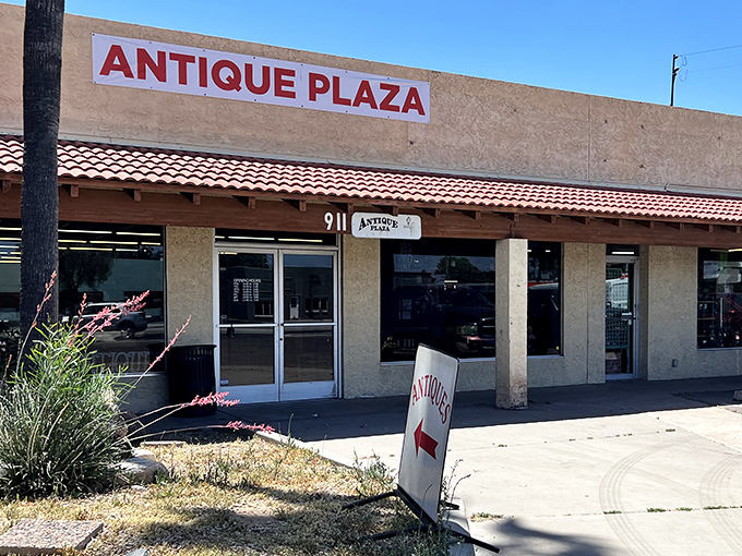 Welcome to the mothership of nostalgia hunters! Antique Plaza's desert-friendly facade gives no hint of the time-travel adventure waiting beyond those doors.