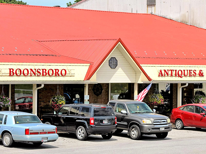 That iconic red roof beckons like a lighthouse for treasure hunters, promising vintage wonders beneath its distinctive gables.