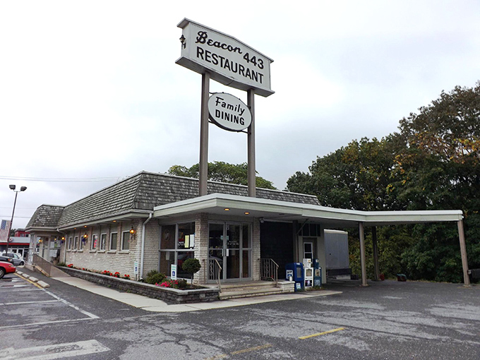 Where breakfast dreams come true! Beacon 443's iconic sign promises "Family Dining" &ndash; code for "portions that'll keep you full until dinner" in diner language.
