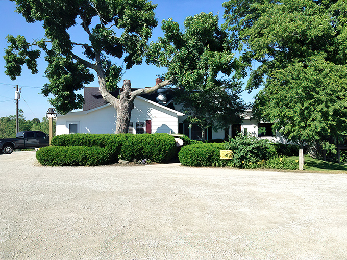 The unassuming white exterior of Spillway Lodge stands like a culinary mirage in rural Clarksville, promising delicious secrets within.