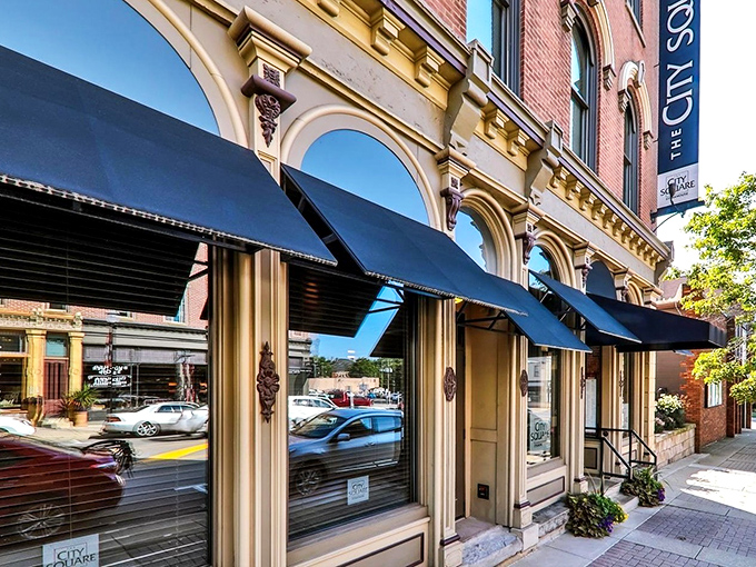 The historic fa&ccedil;ade of City Square Steakhouse stands proudly on Wooster's square, its elegant arches and black awnings promising culinary sophistication within.