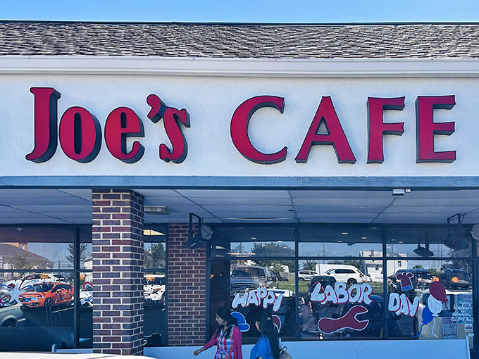 The iconic red lettering of Joe's Cafe stands out against the white facade &ndash; a beacon of breakfast hope for biscuit lovers throughout Sterling.