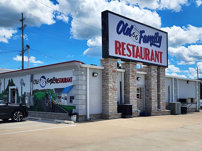 The classic Route 66 shield beckons hungry travelers like a roadside oasis. This unassuming exterior houses comfort food dreams that have sustained road-trippers for generations.