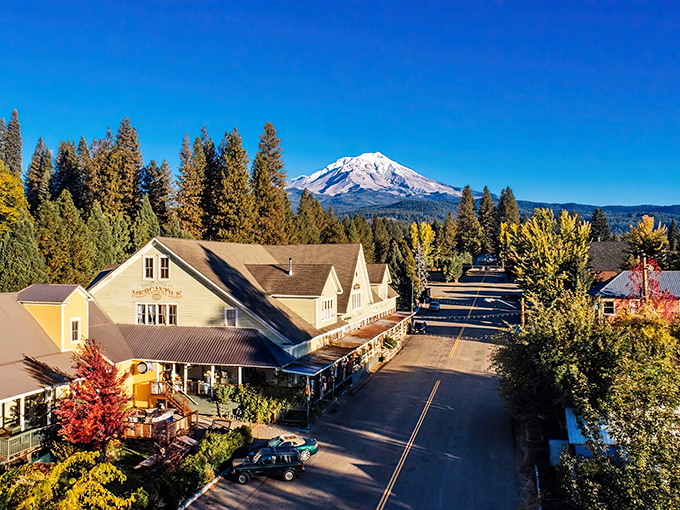 Mount Shasta stands sentinel over McCloud's historic downtown, where retirement dreams come true without requiring a tech mogul's bank account.