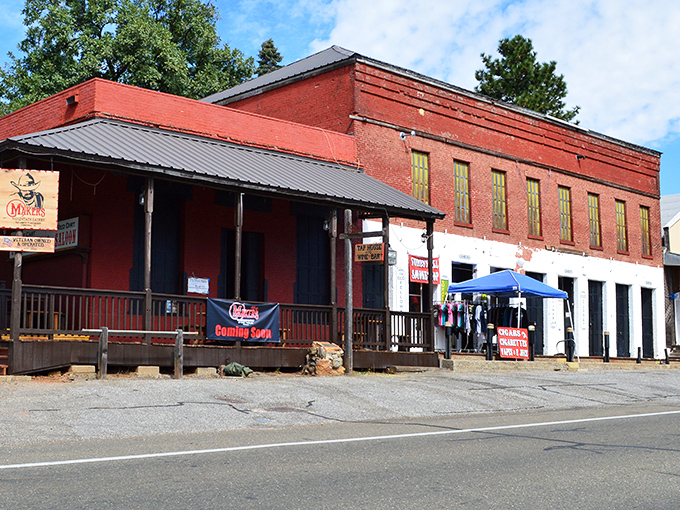 Historic red brick buildings stand as sentinels of Foresthill's gold rush past, where modern businesses now breathe life into these characterful walls.
