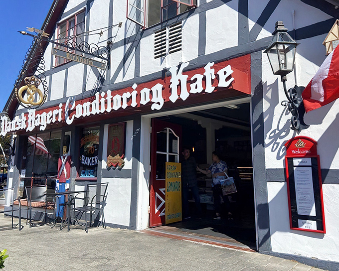 The iconic timber-framed facade of Birkholm's welcomes pastry pilgrims to this authentic slice of Denmark in sunny California.