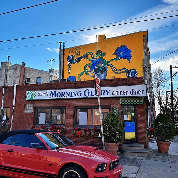 The vibrant yellow mural and classic brick façade of Morning Glory Diner announce itself like a cheerful hello on a Philadelphia morning. No Instagram filter needed here.