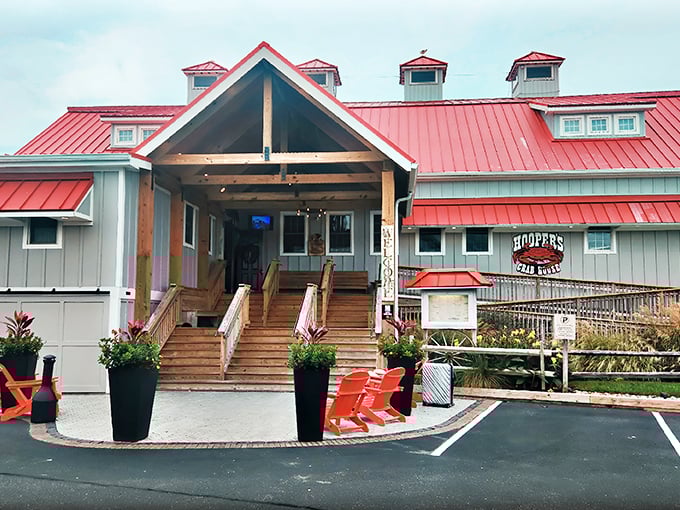 The iconic red crab sign welcomes hungry pilgrims to this Ocean City landmark. At dusk, it glows like a lighthouse for seafood lovers. 