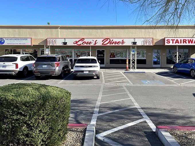 The classic red signage beckons like an old friend, promising a refuge from the Vegas glitz where breakfast reigns supreme.
