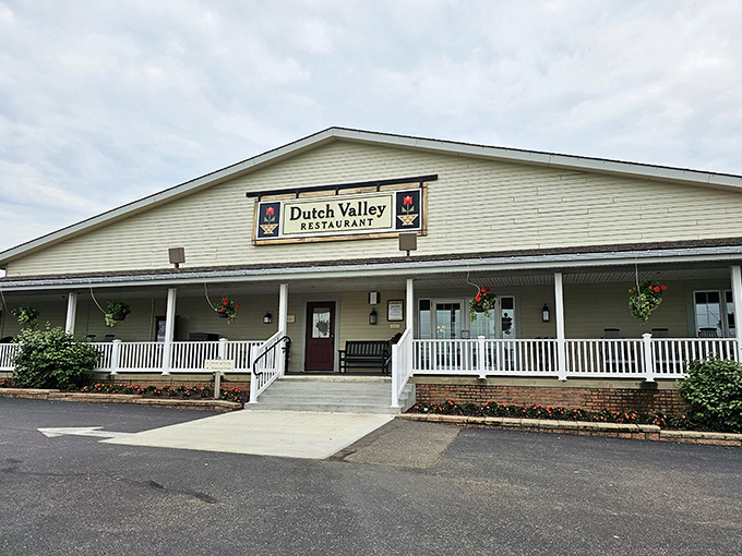 The white farmhouse exterior of Dutch Valley Restaurant promises what every good Amish country establishment should: calories that are absolutely worth the drive.