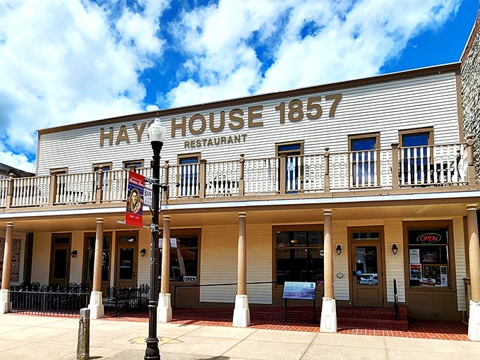 The iconic white facade of Hays House 1857 stands proudly on Council Grove's main street, a living postcard from America's frontier days.