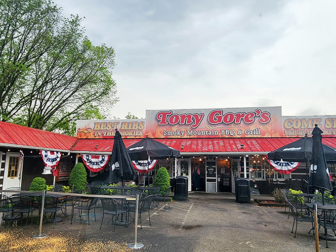 The iconic red roof of Tony Gore's beckons hungry travelers like a BBQ lighthouse on the Sevierville horizon. Southern hospitality starts at the curb.