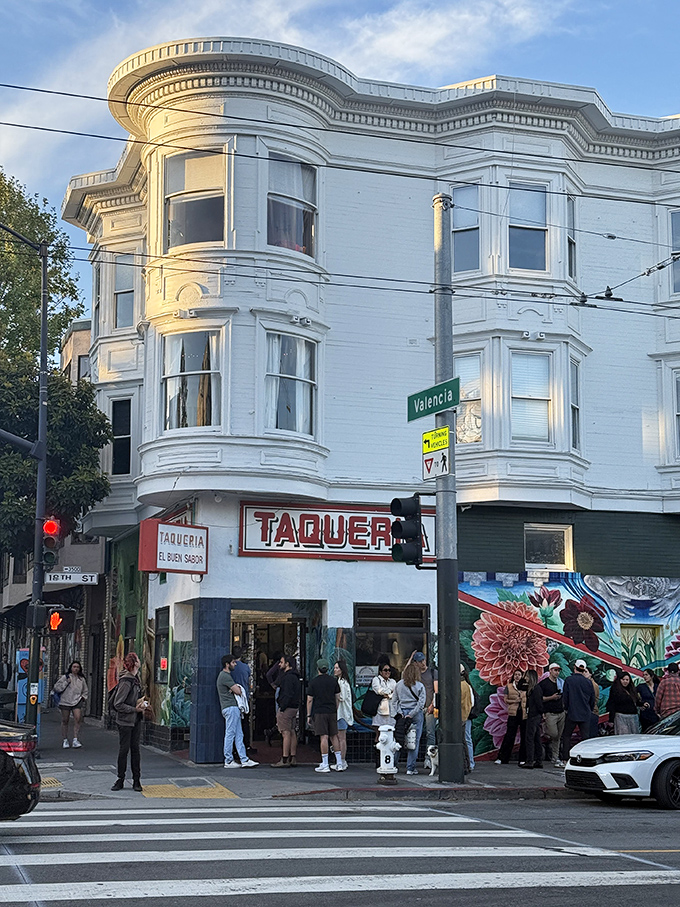 Classic San Francisco architecture meets Mission District flair at this corner spot where locals line up for their burrito fix.