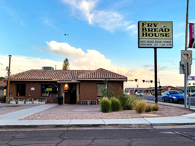 The unassuming exterior of Fry Bread House belies the culinary treasures within. That James Beard Award sign isn't just for decoration, folks.