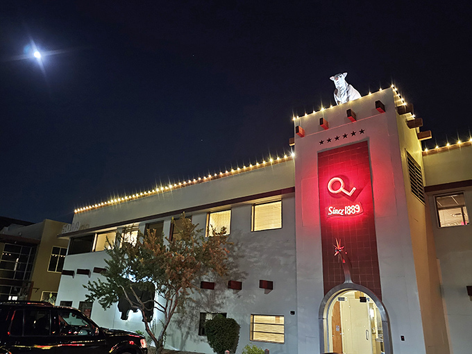 The iconic facade of The Stockyards announces itself with understated Western elegance&mdash;that steer silhouette isn't just decoration, it's a promise.