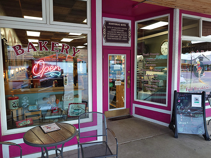 The hot pink storefront of Baker's Bakery & Cafe stands out in Custer like a neon welcome sign for hungry travelers.