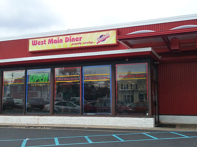 Proudly serving Hatfield's products, this classic red diner doesn't need fancy frills when it's got that unmistakable small-town charm and neon "OPEN" sign beckoning you inside.