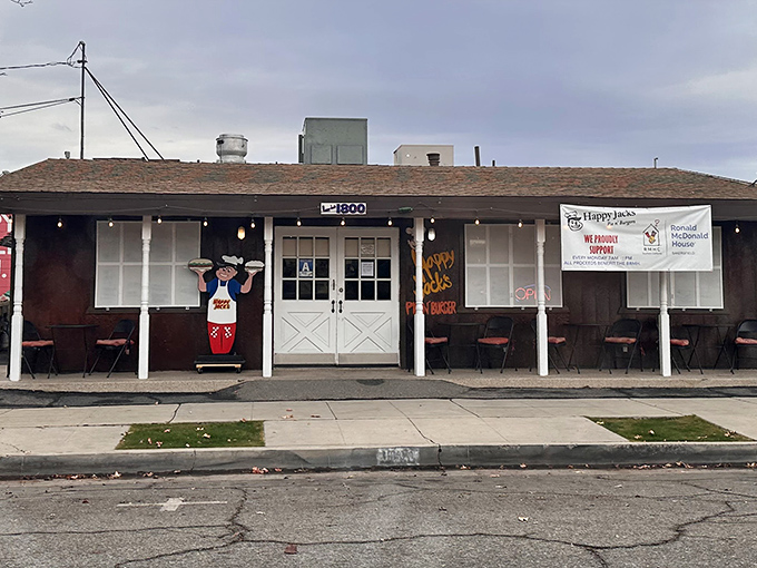 The unassuming exterior of Happy Jack's Pie 'n Burger stands as a testament to the timeless truth: never judge a burger joint by its awning.