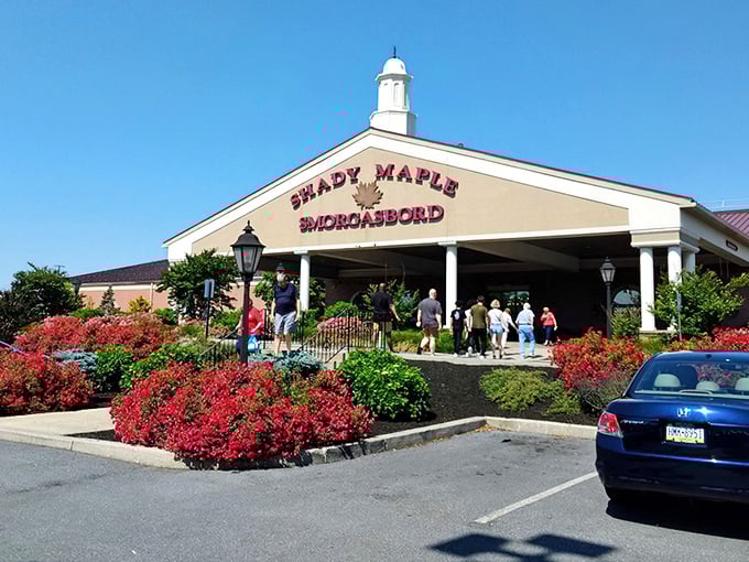 The grand entrance to food paradise. Vibrant flowers welcome hungry pilgrims to this Pennsylvania Dutch Country institution where stretchy pants are highly recommended.