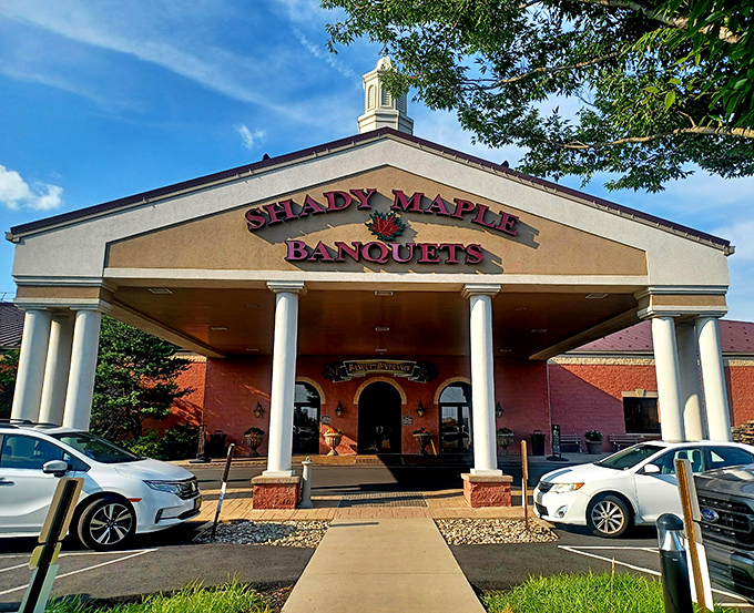 The grand entrance to Shady Maple Smorgasbord stands like a temple to abundance, promising culinary adventures that have made it a Pennsylvania legend.